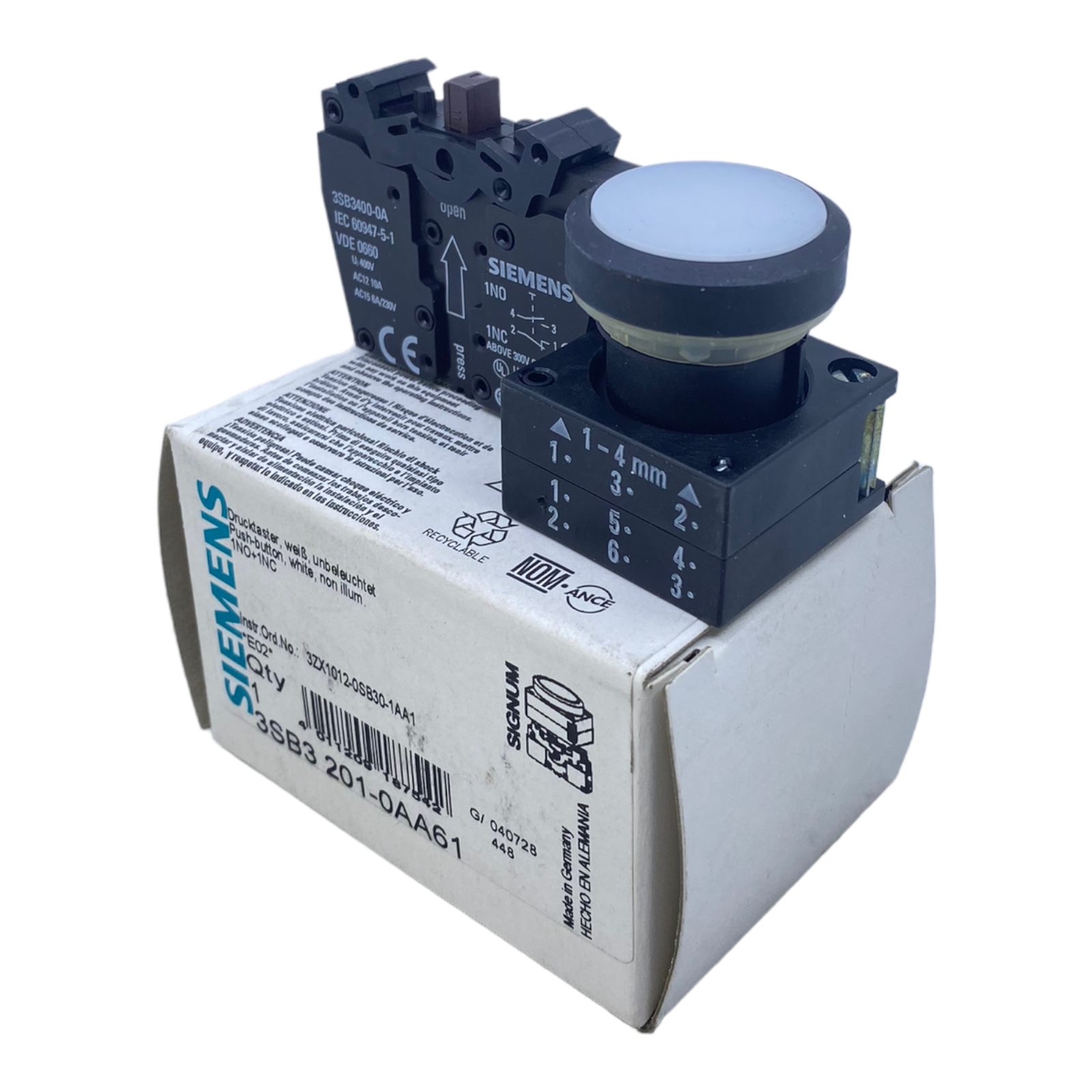 Siemens 3SB3201-0AA61 Drucktaster 400V AC12 10A AC15 6A/230V 1NO+1NC